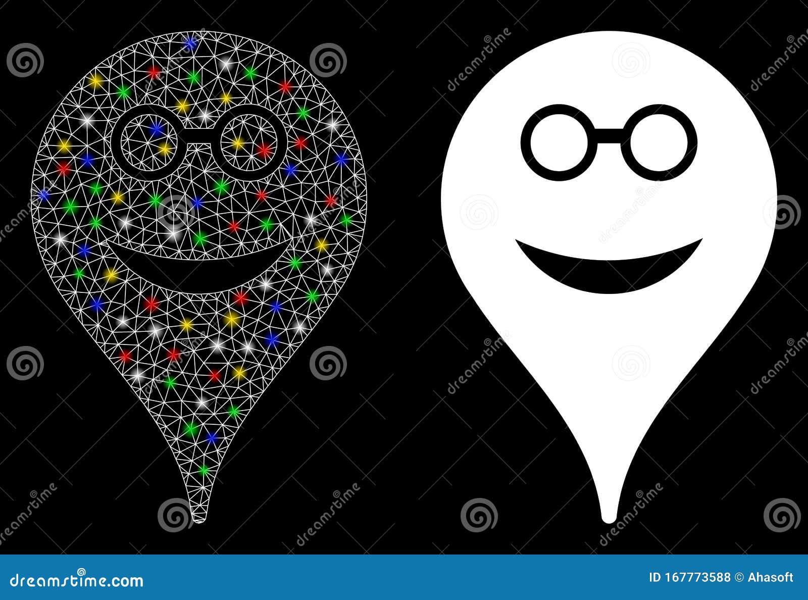 Glowing Mesh 2D Spectacles Smiley Map Marker Icon with Light Spots ...