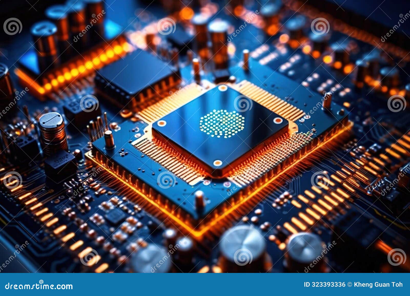 Glowing Micro Chip Concept on Blue Circuit Board Stock Illustration ...