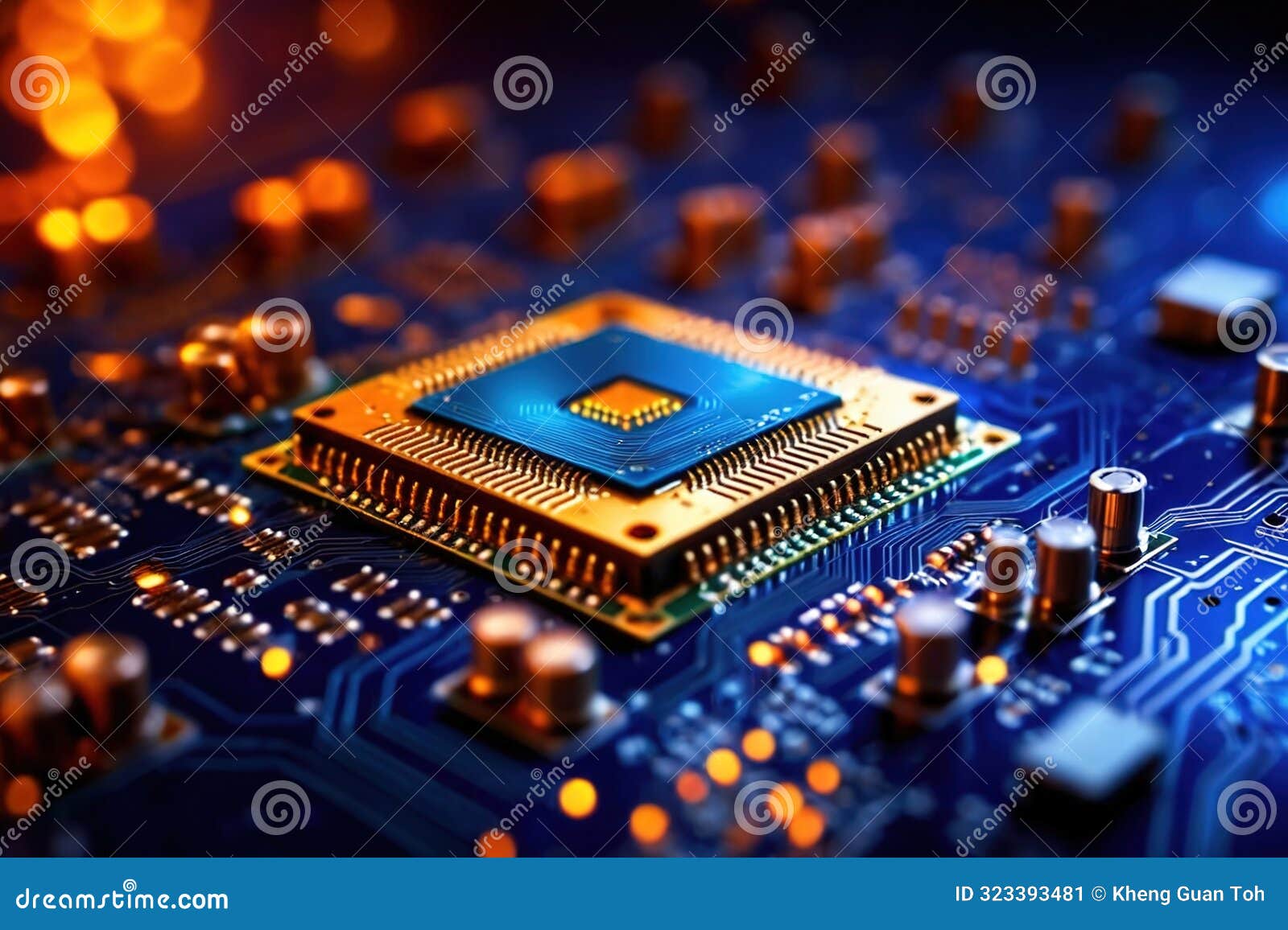 Glowing Micro Chip Concept on Blue Circuit Board Stock Illustration ...