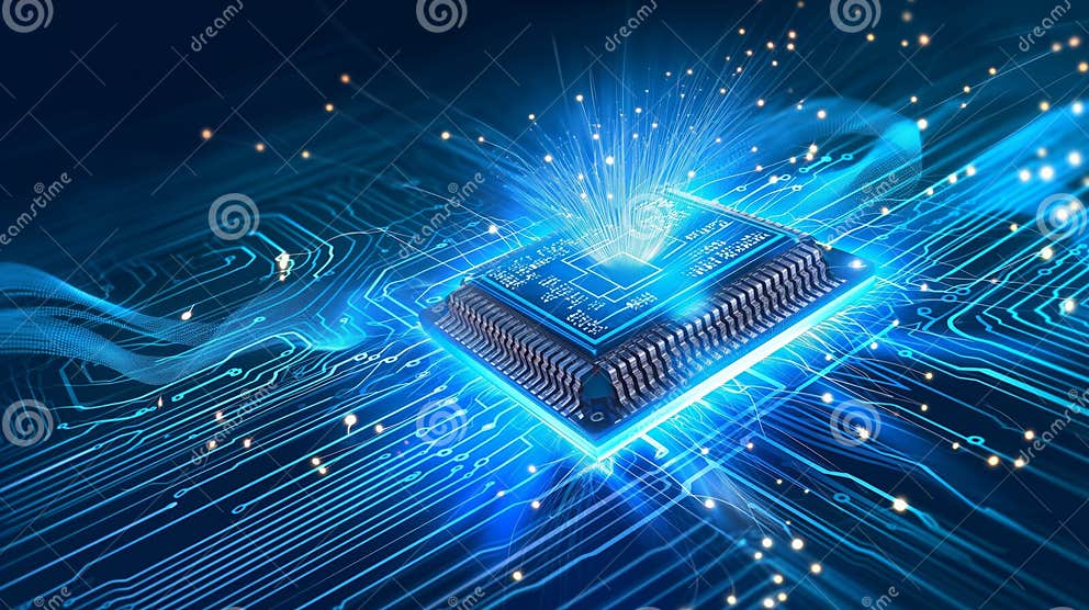 Glowing Microchip on Circuit Board Stock Image - Image of power ...
