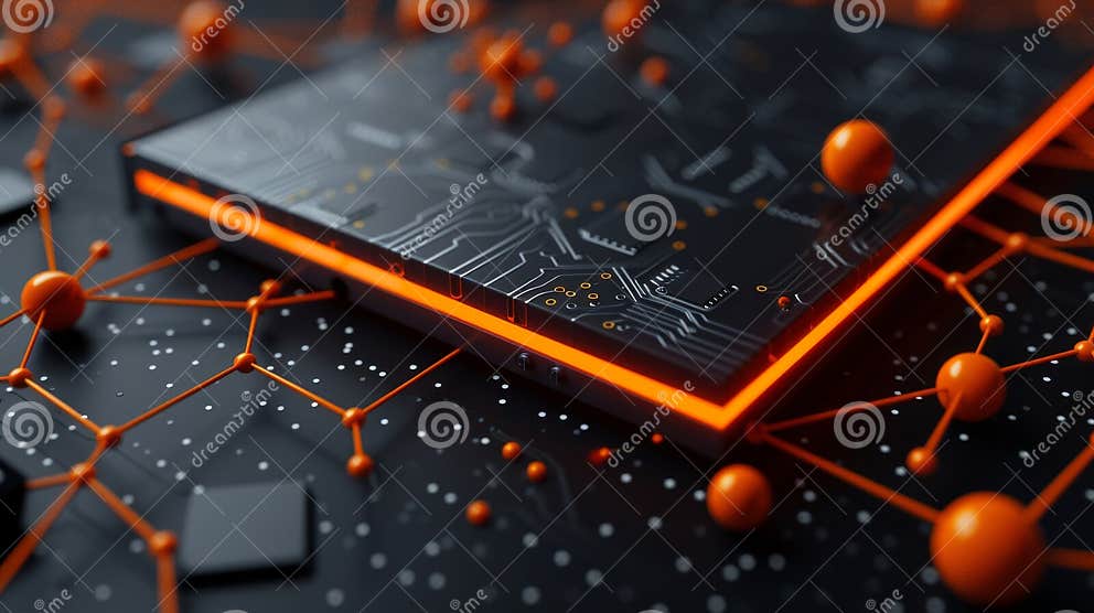 Glowing Microchip with Digital Circuit and Orange Molecular Network ...