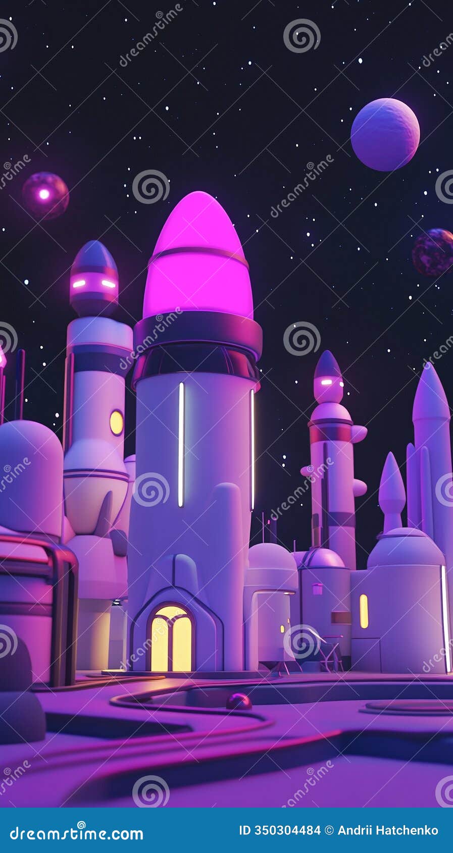 A Glowing Mid-century Modern Spaceport with Vintage Rocket Ships. Stock ...