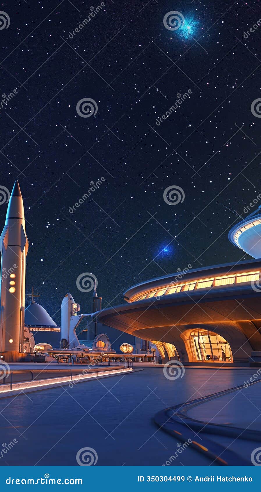 A Glowing Mid-century Modern Spaceport with Vintage Rocket Ships. Stock ...