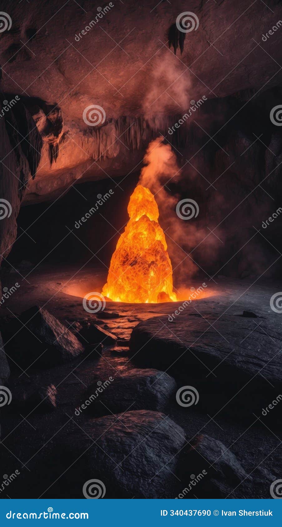 Glowing Molten Rock Formation in Dark Cave. Stock Photo - Image of ...