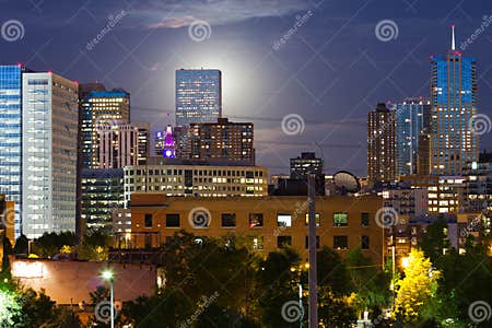 Glowing Moon Rises Behind the Denver Skyline Stock Image - Image of ...