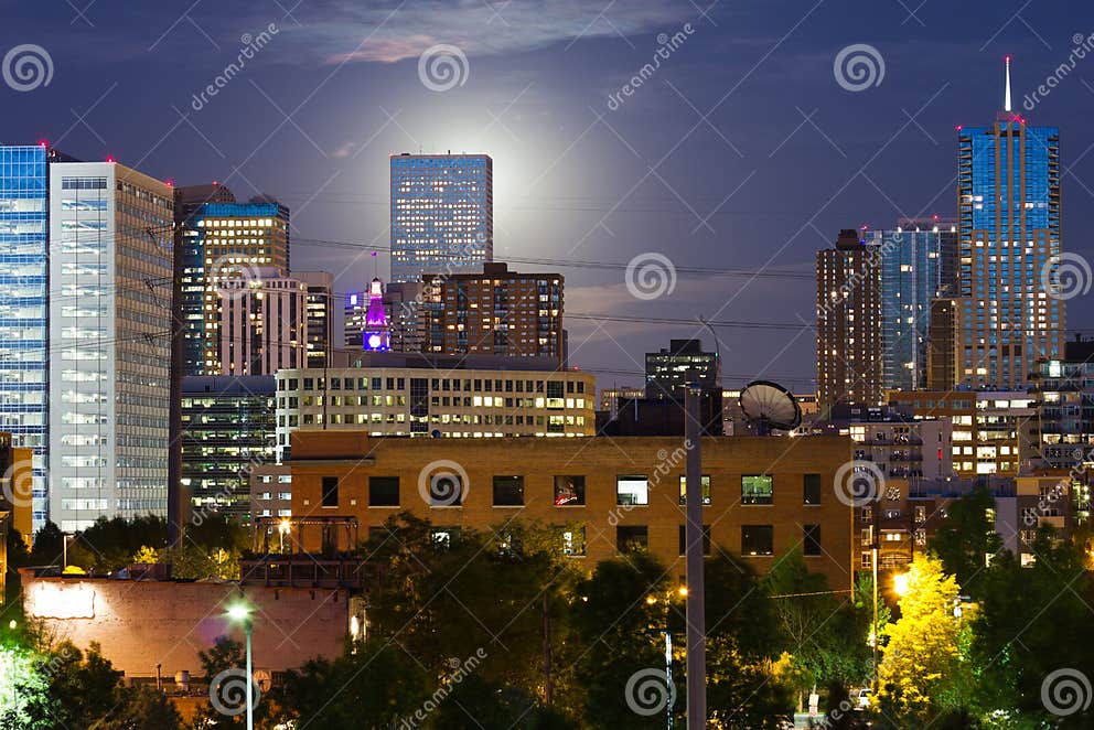 Glowing Moon Rises Behind the Denver Skyline Stock Image - Image of ...