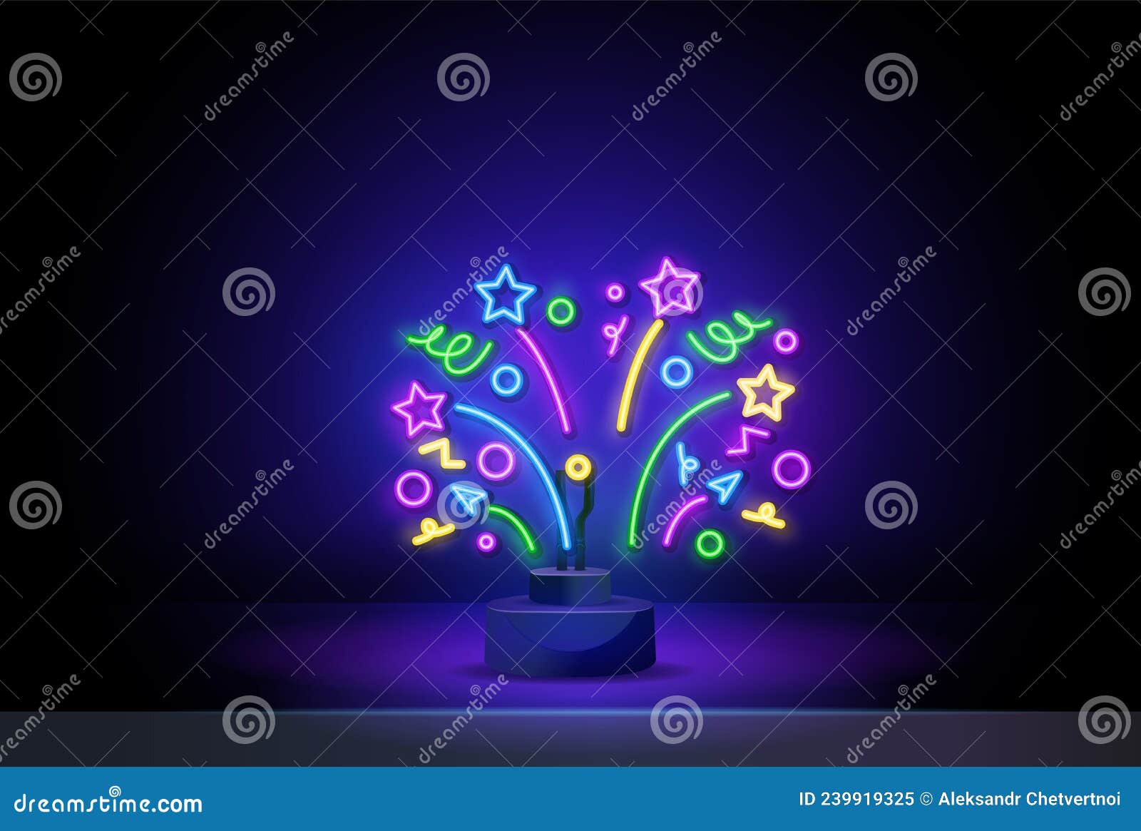 Sparkling Fireworks Neon Sign. Glowing Multicolored Firework on Brick ...