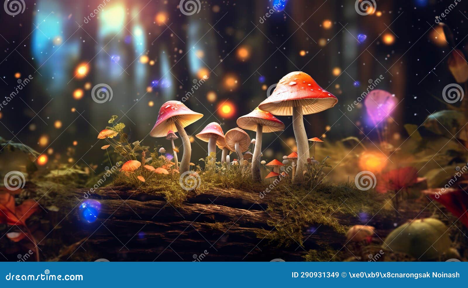Glowing Mushroom Lamps with Fireflies in Magical Forest. Generative AI Stock Illustration ...