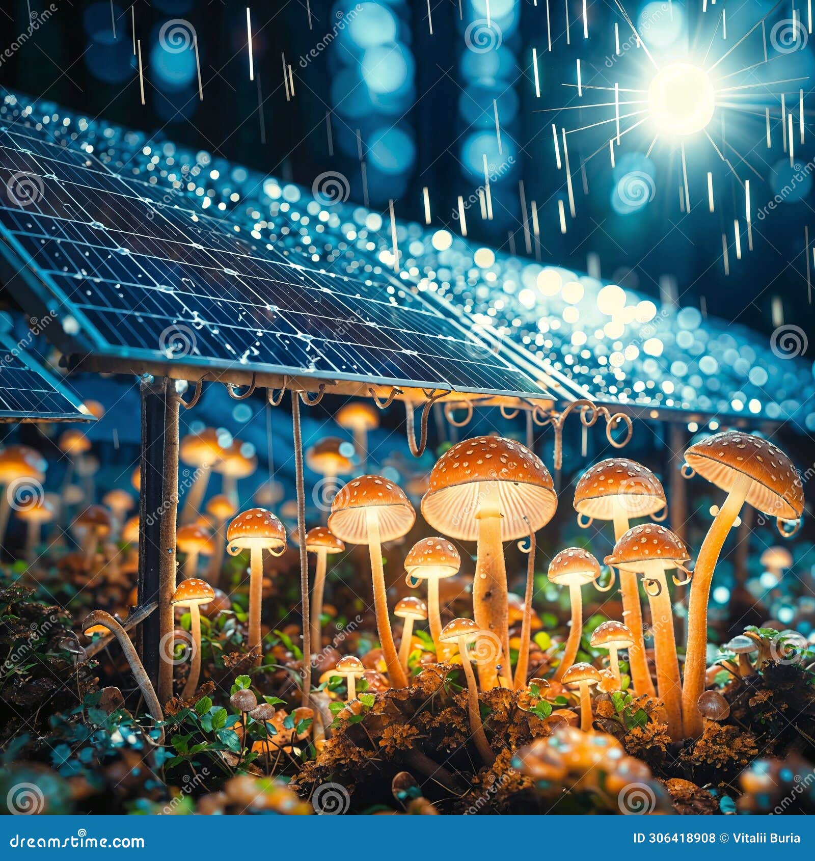 Glowing Mushrooms Under Solar Panel in Rain, Generative Ai Stock ...