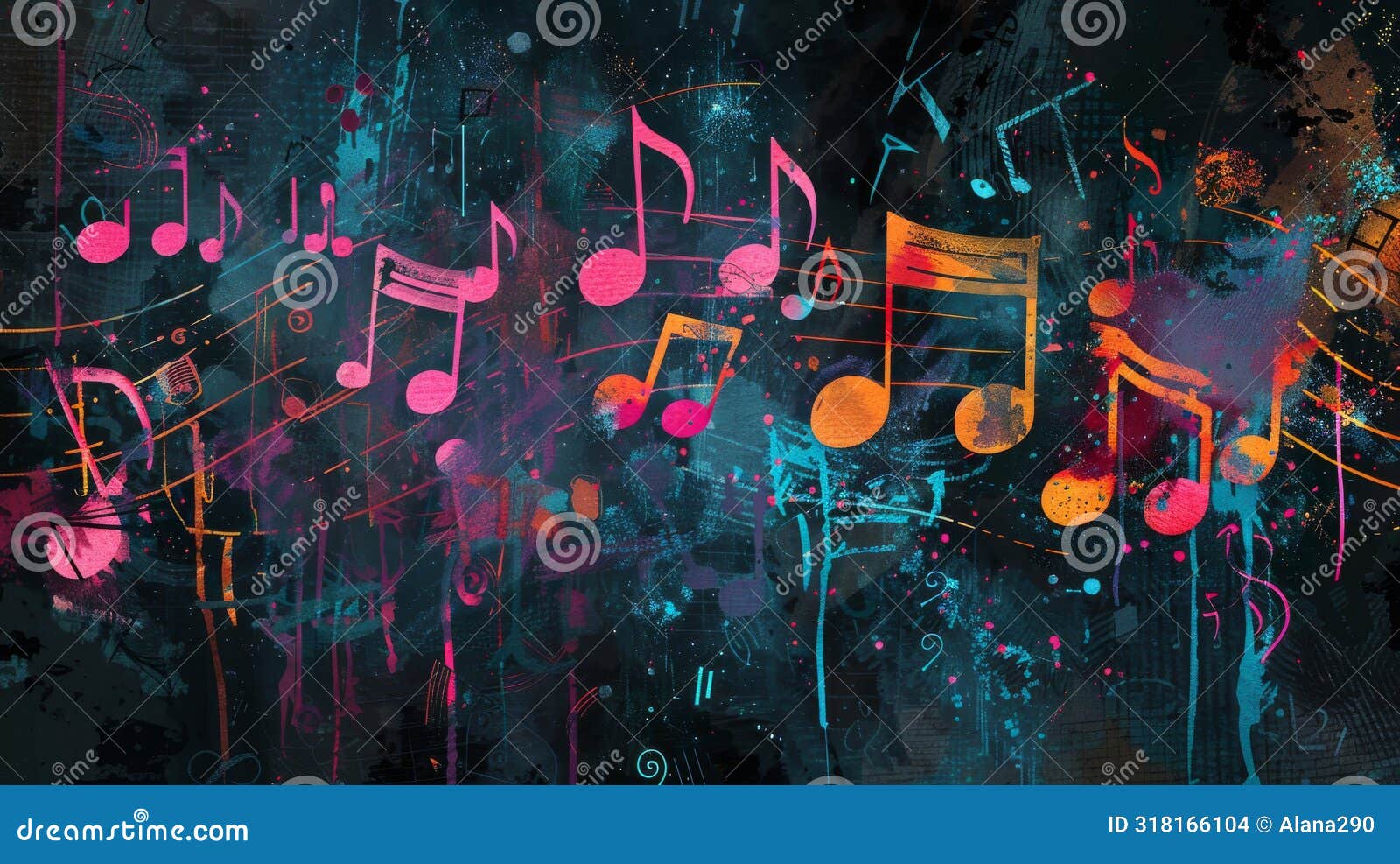 Glowing Music Notes, Painted on Grunge Paint Splashes Stock ...