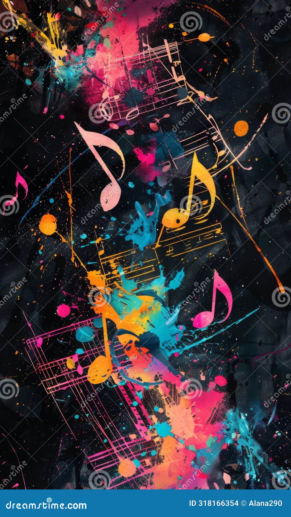 Glowing Music Notes, Painted on Grunge Paint Splashes Stock ...