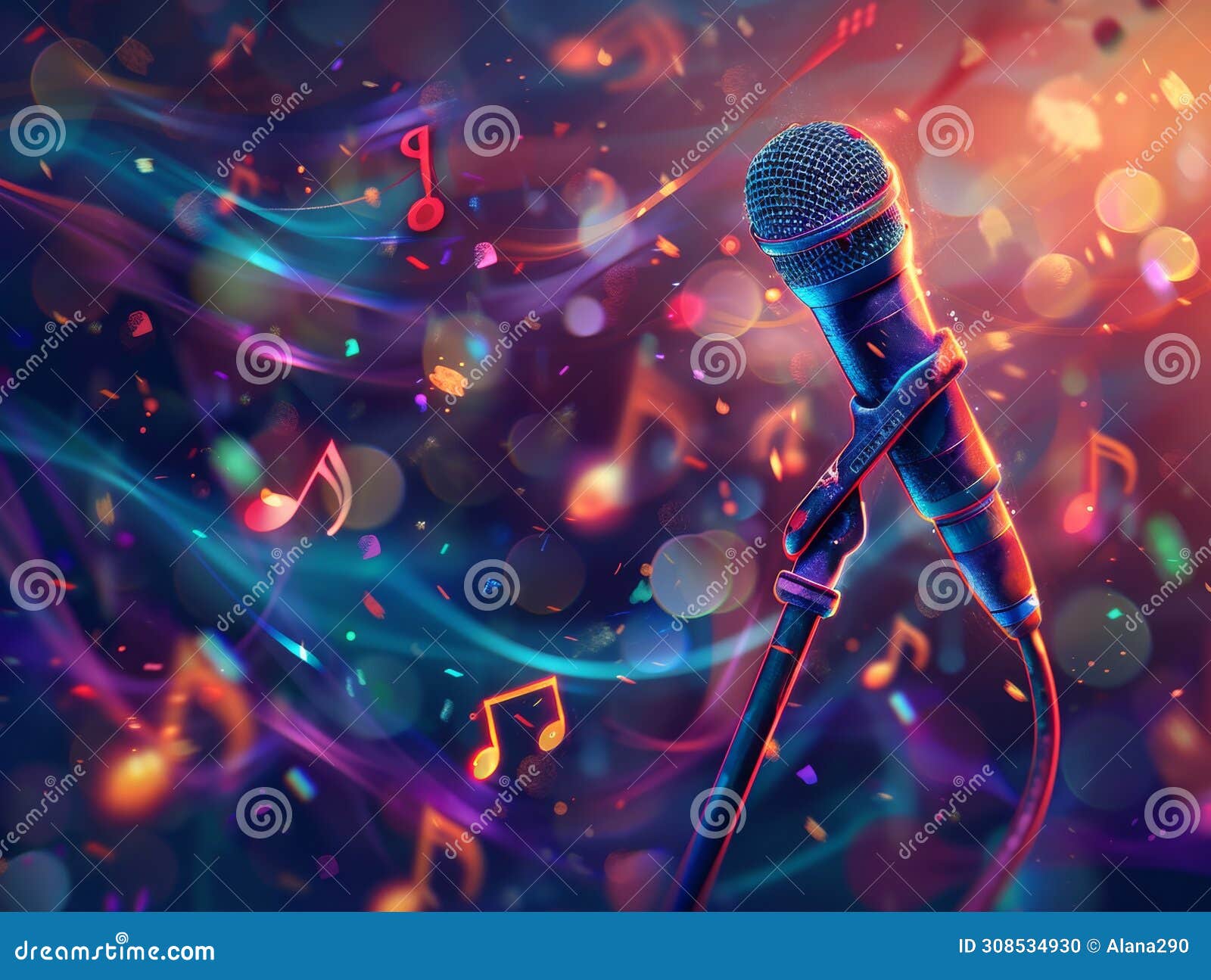 Glowing Music Sheets Notes with Microphone on Beautiful Lights Bokeh ...