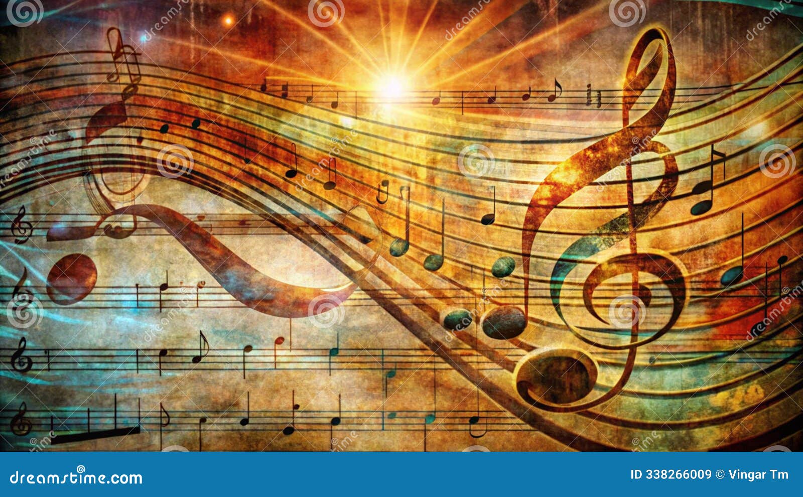 Glowing Musical Notes with a Sunburst on a Grunge Background Stock ...