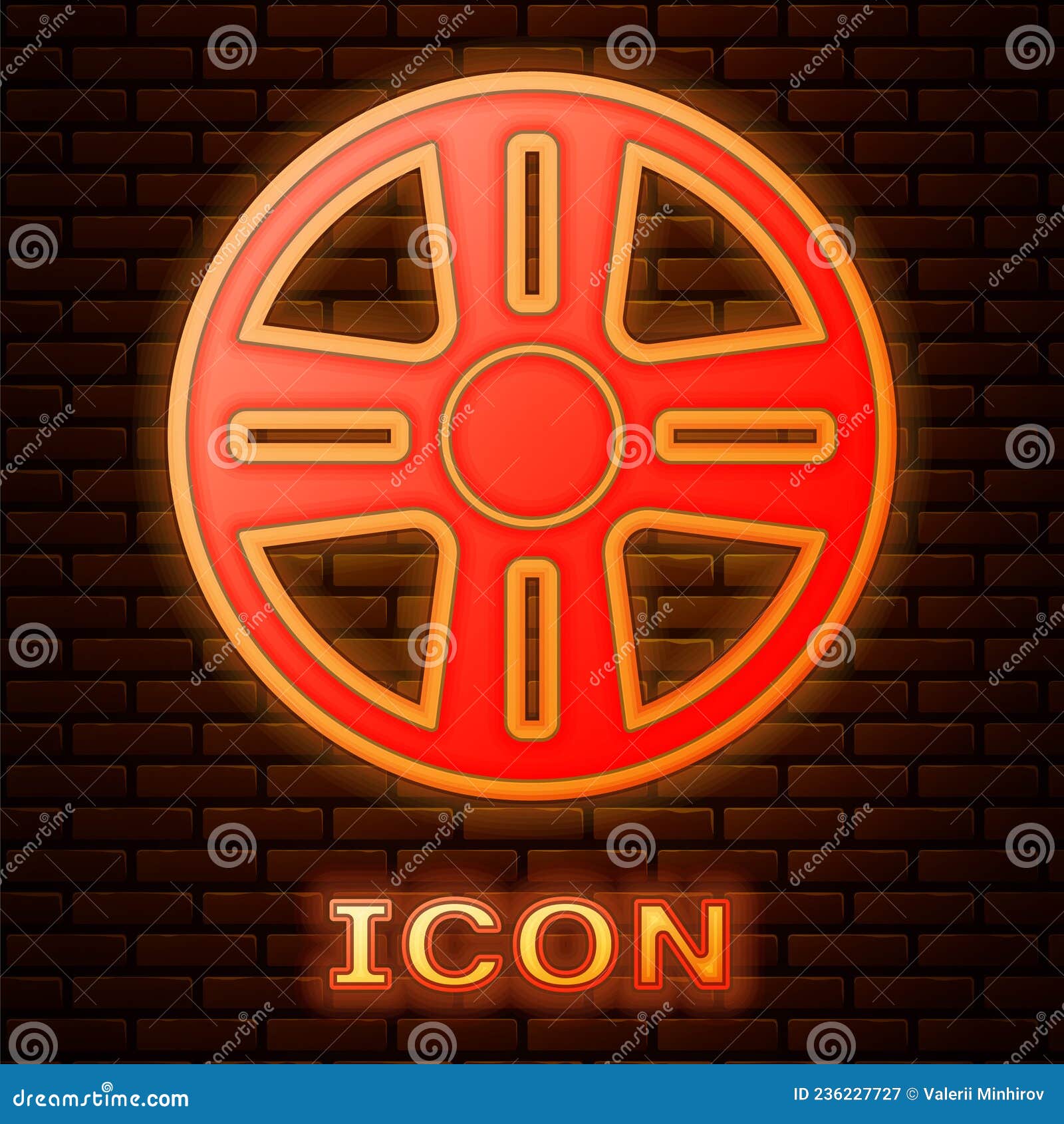 Glowing Neon Alloy Wheel for a Car Icon Isolated on Brick Wall ...