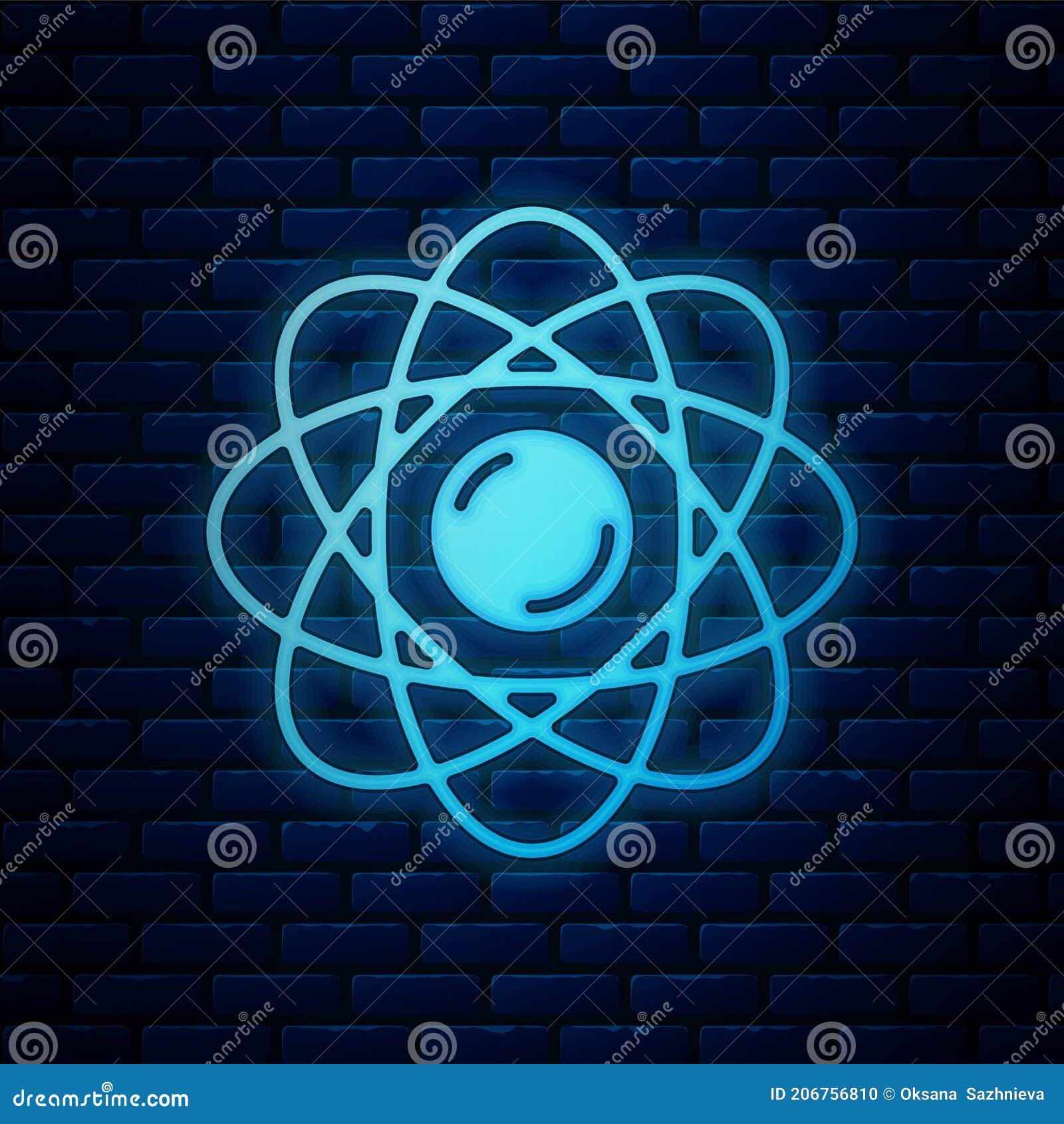 Glowing Neon Atom Icon Isolated on Brick Wall Background. Symbol of ...