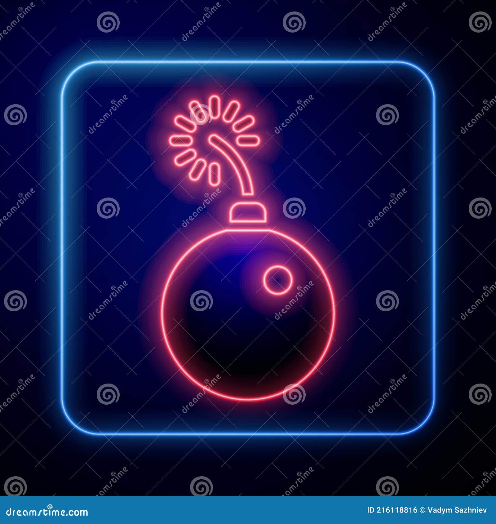 Glowing Neon Bomb Ready To Explode Icon Isolated on Blue Background ...