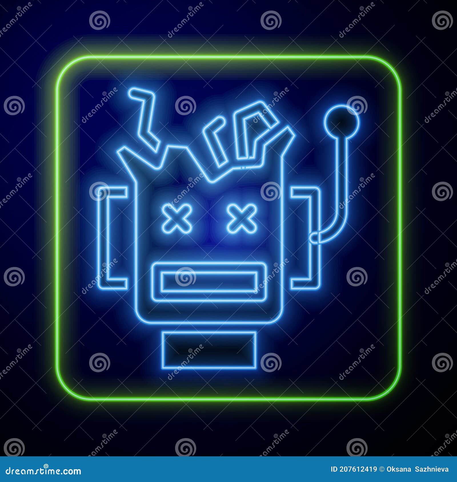 Glowing Neon Broken Robot Icon Isolated on Blue Background. Artificial ...