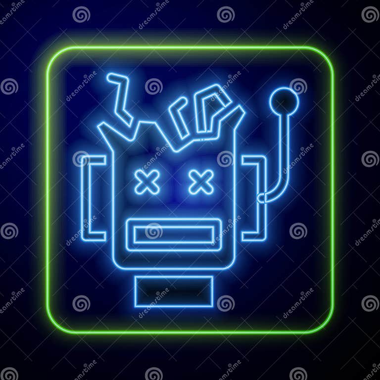 Glowing Neon Broken Robot Icon Isolated on Blue Background. Artificial ...