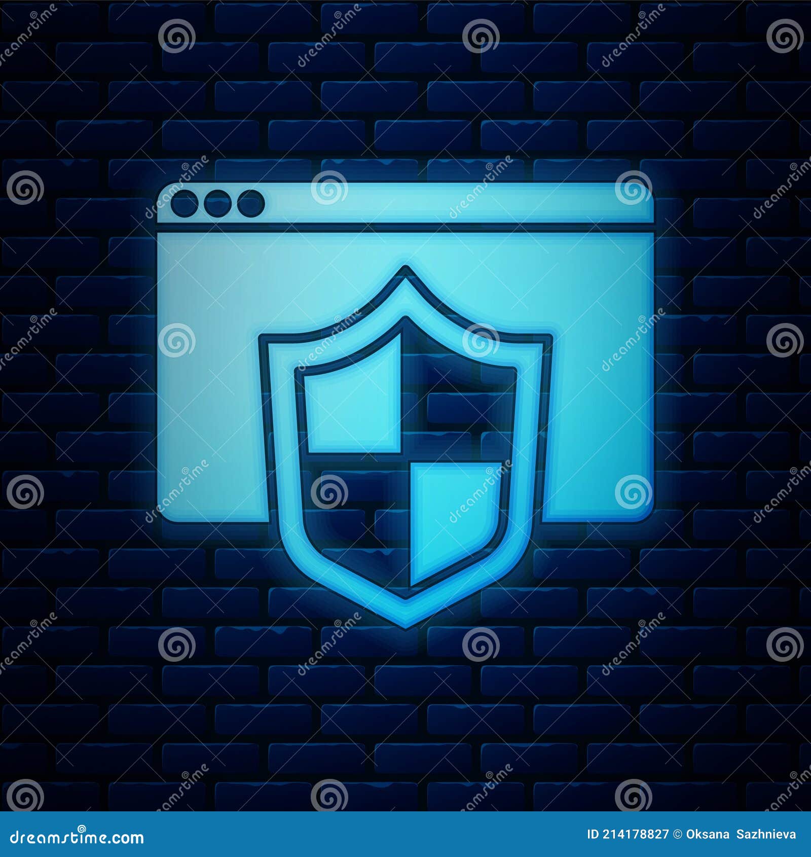 Glowing Neon Browser with Shield Icon Isolated on Brick Wall Background ...