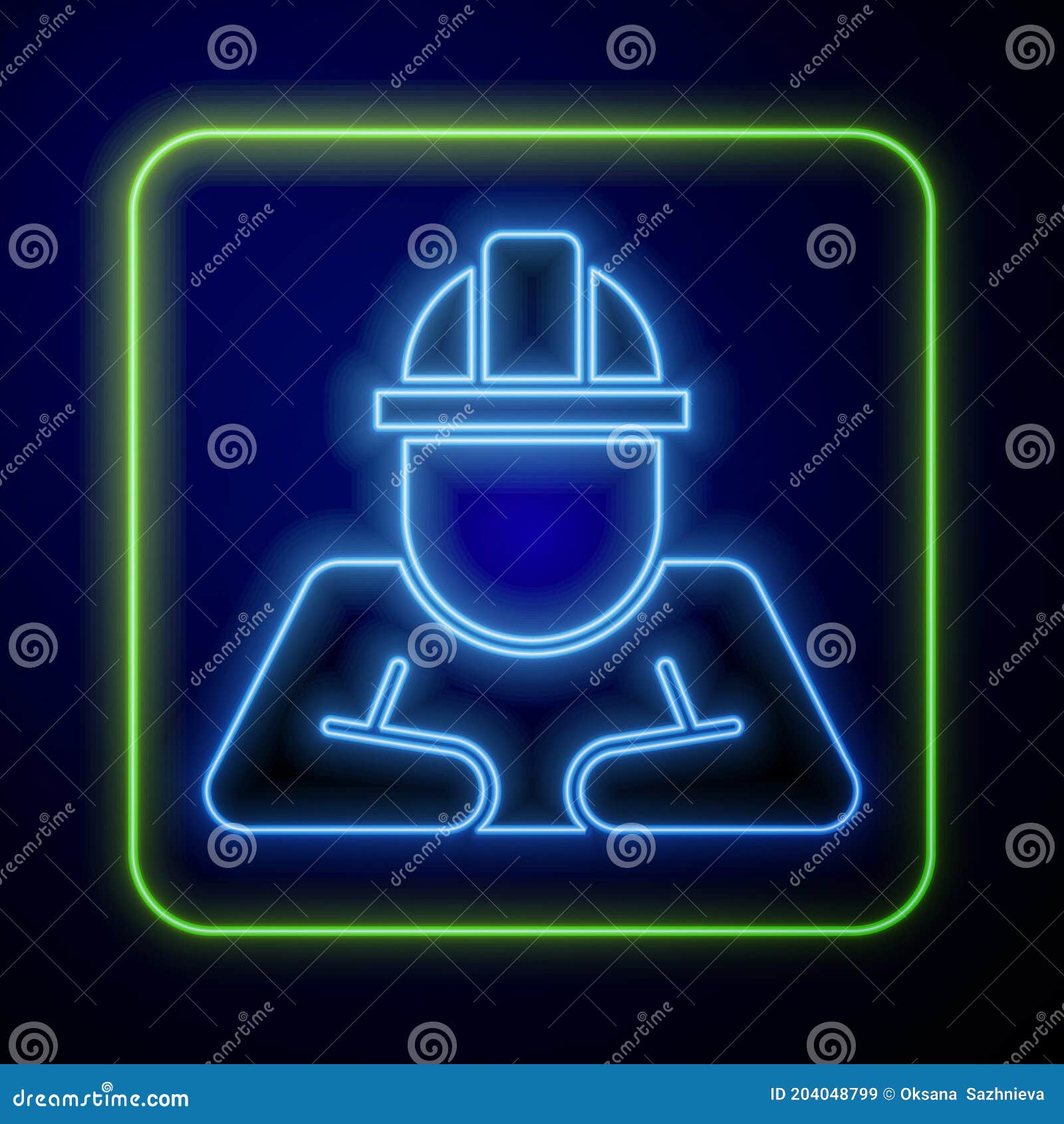 Glowing Neon Builder Icon Isolated on Blue Background. Construction ...