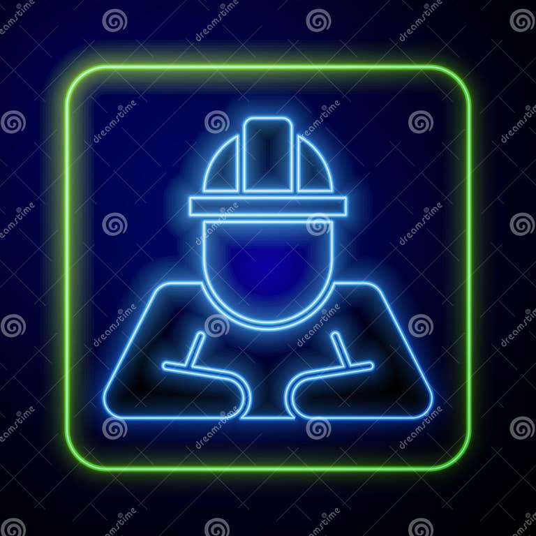 Glowing Neon Builder Icon Isolated on Blue Background. Construction ...