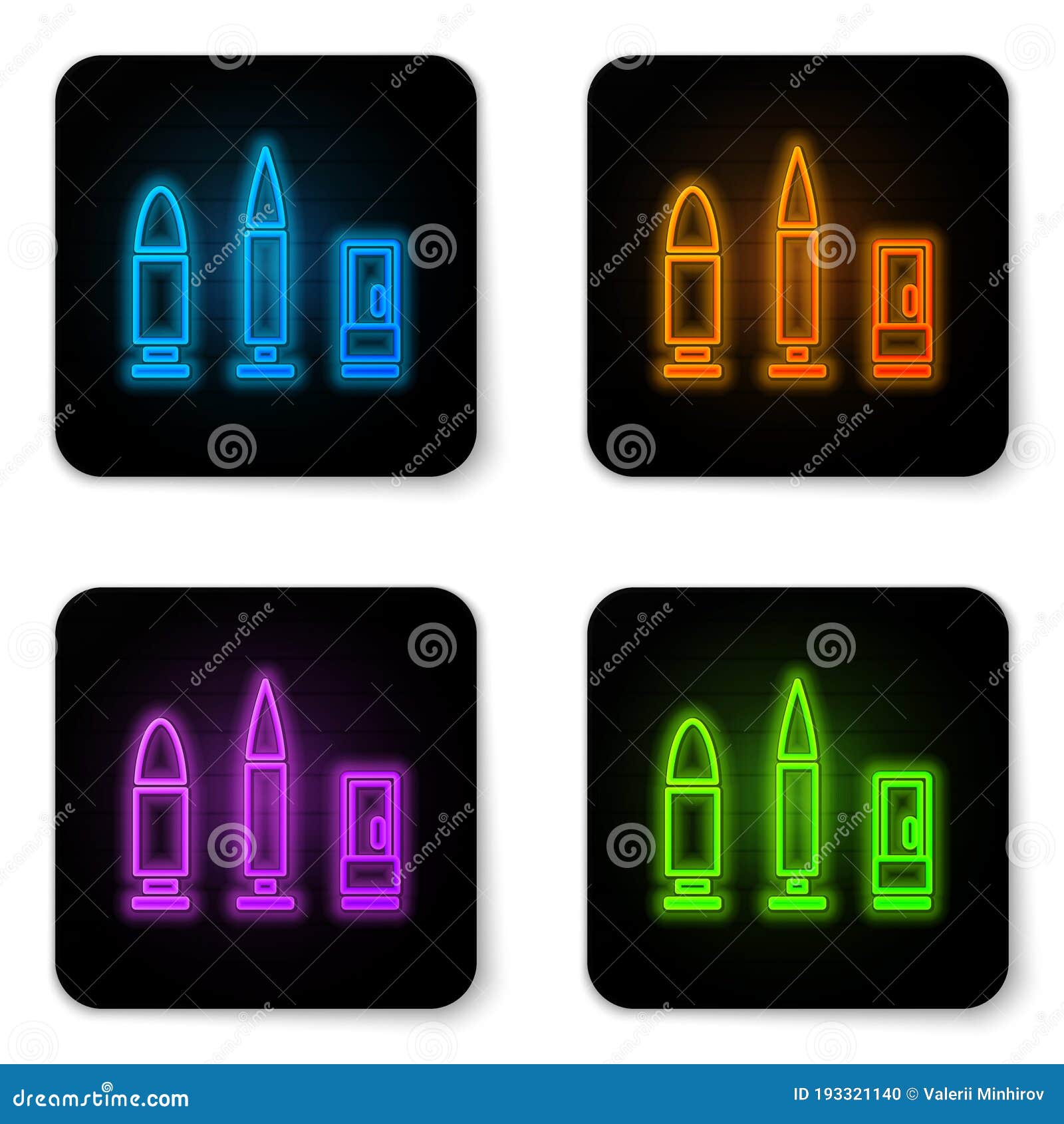 Glowing Neon Bullet And Cartridge Icon Isolated On White Background Black Square Button Stock