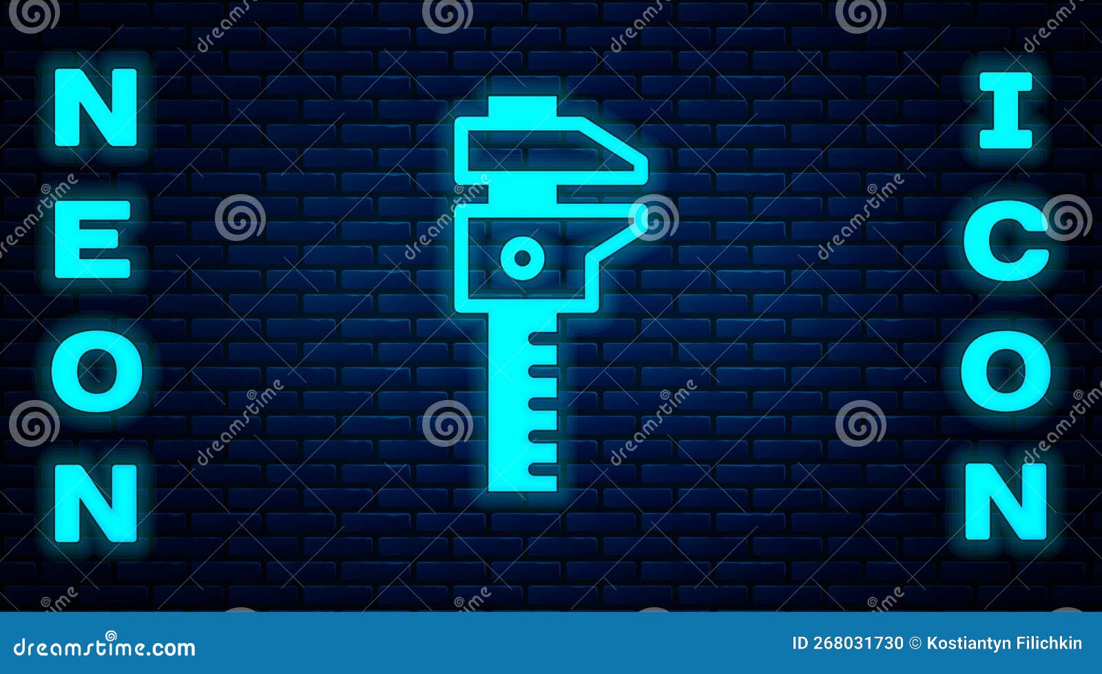 Glowing Neon Calliper or Caliper and Scale Icon Isolated on Brick Wall ...