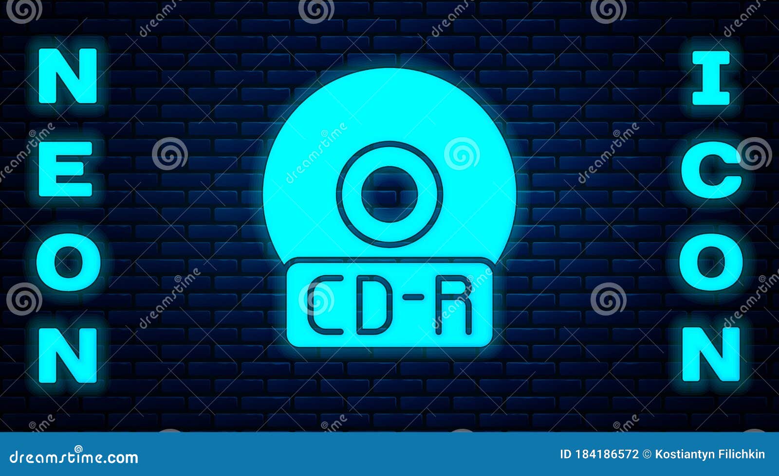 Glowing Neon CD or DVD Disk Icon Isolated on Brick Wall Background ...