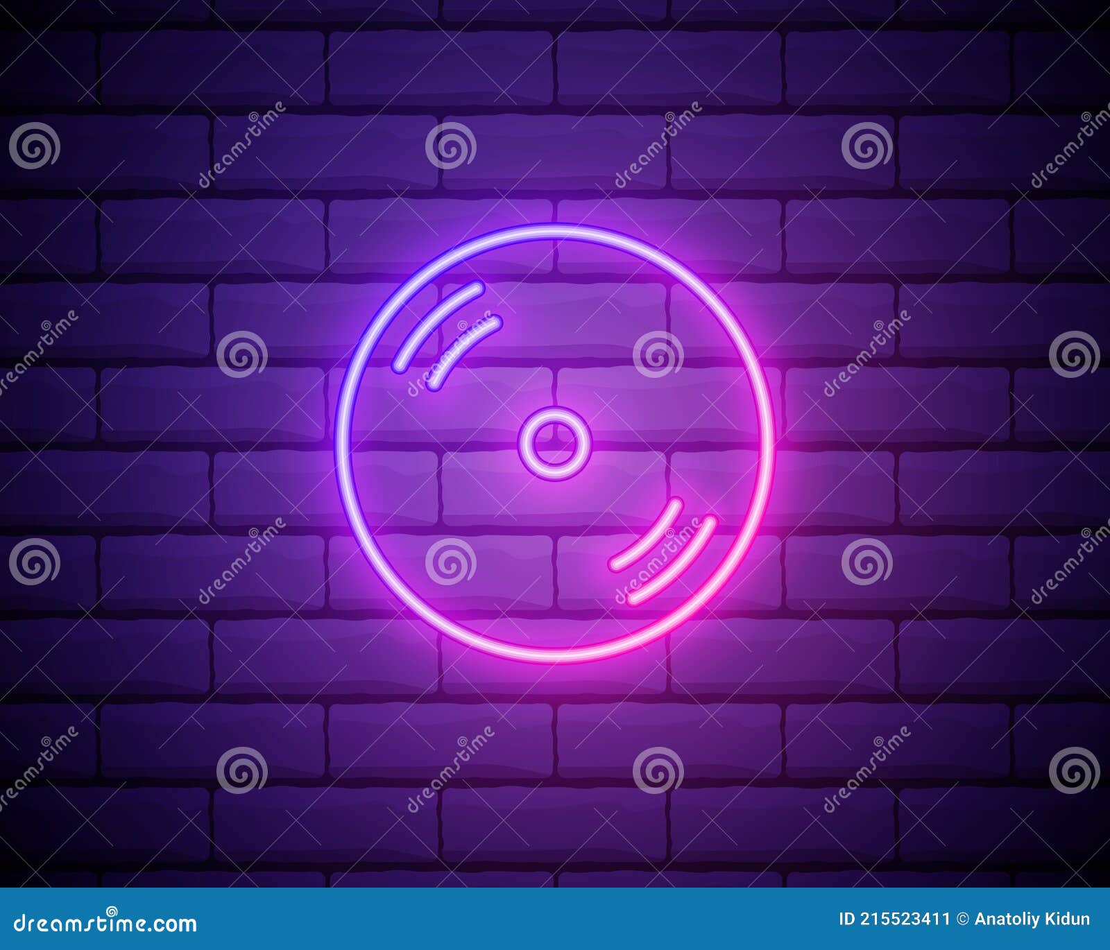 Glowing Neon CD or DVD Disk Icon Isolated on Brick Wall Background ...