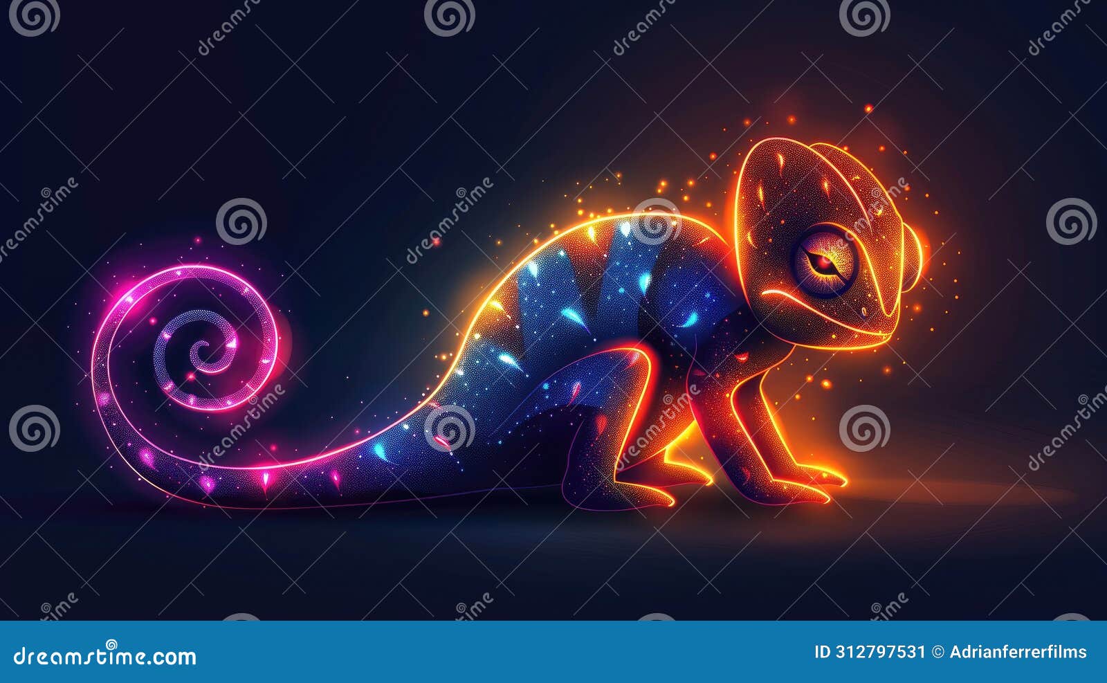 Glowing Neon Chameleon Side-view with a Starry, Cosmic Effect on a Dark ...