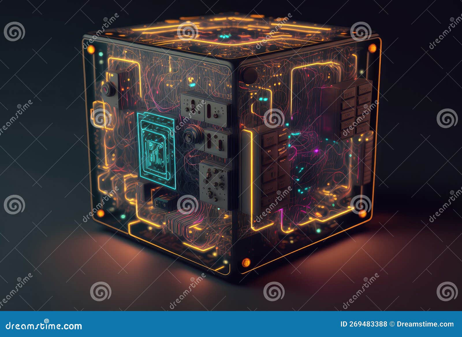 Glowing Neon Circuit Board Cube Tech Background. Generative AI Stock ...