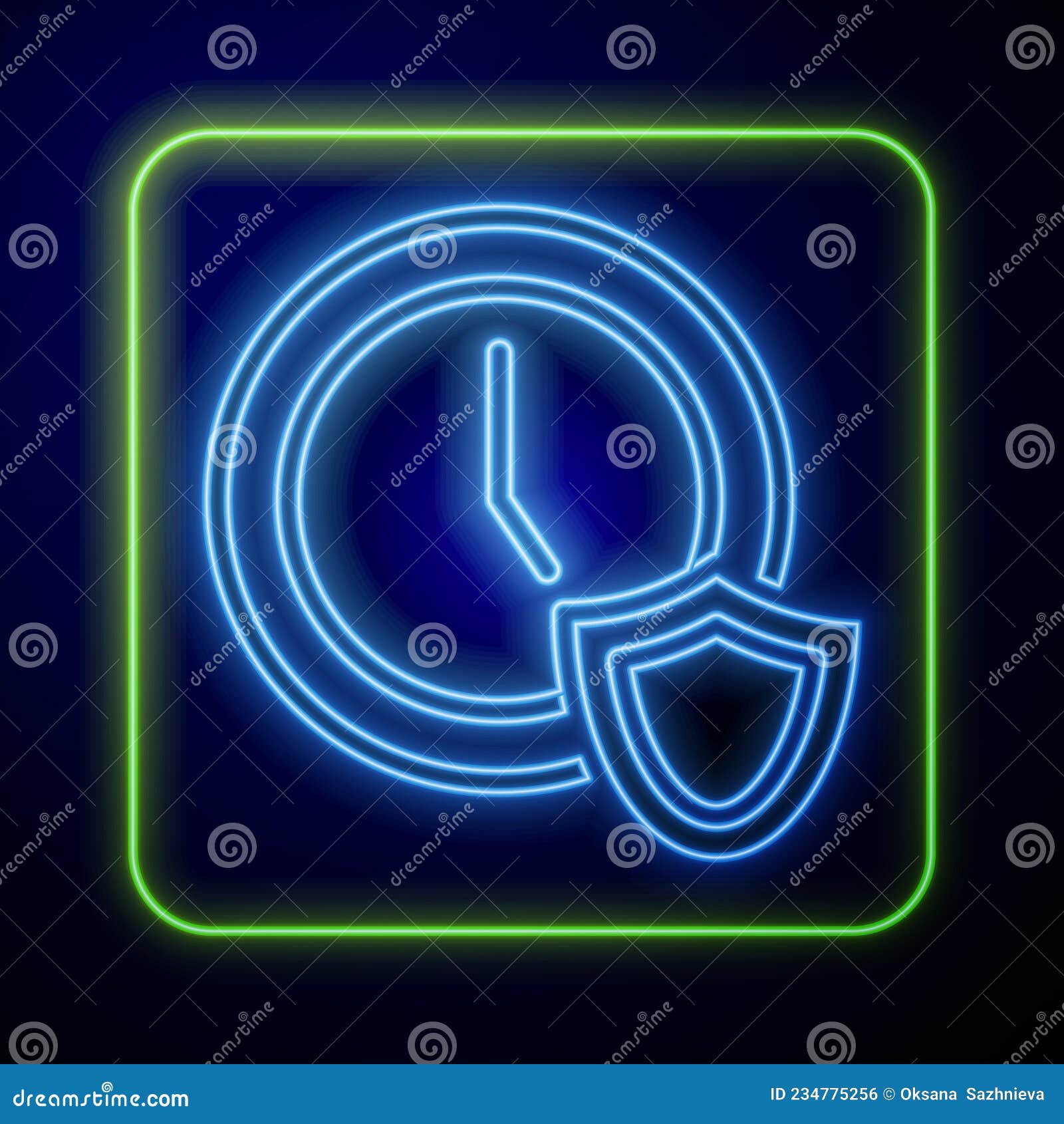 Glowing Neon Clock with Shield Icon Isolated on Blue Background ...