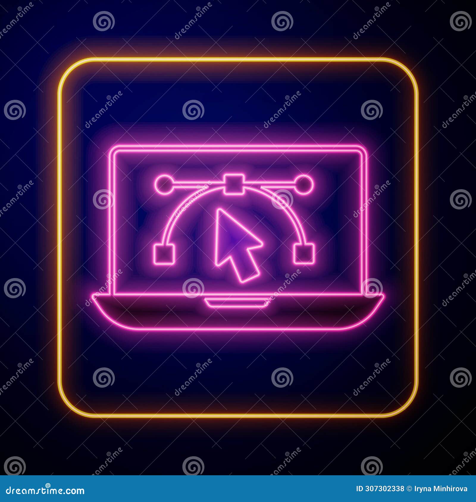 Glowing Neon Computer Display with Vector Design Program Icon Isolated on Isolated on Black ...