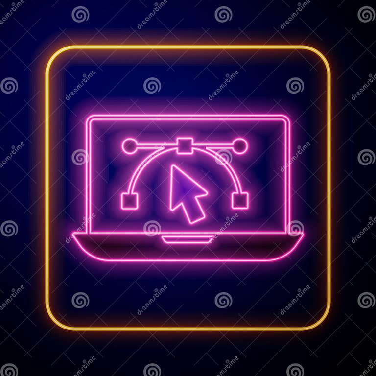 Glowing Neon Computer Display with Vector Design Program Icon Isolated on Isolated on Black ...