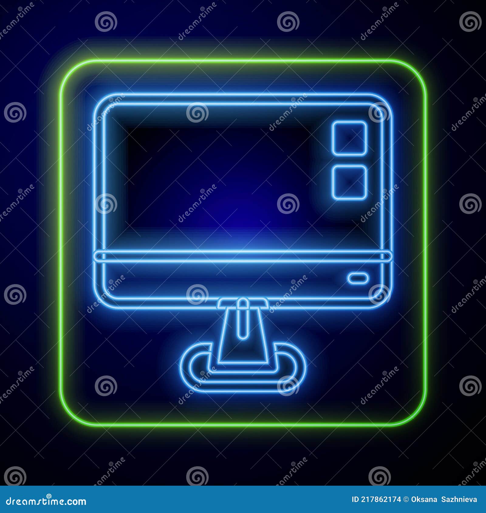 Glowing Neon Computer Monitor Screen Icon Isolated on Blue Background ...