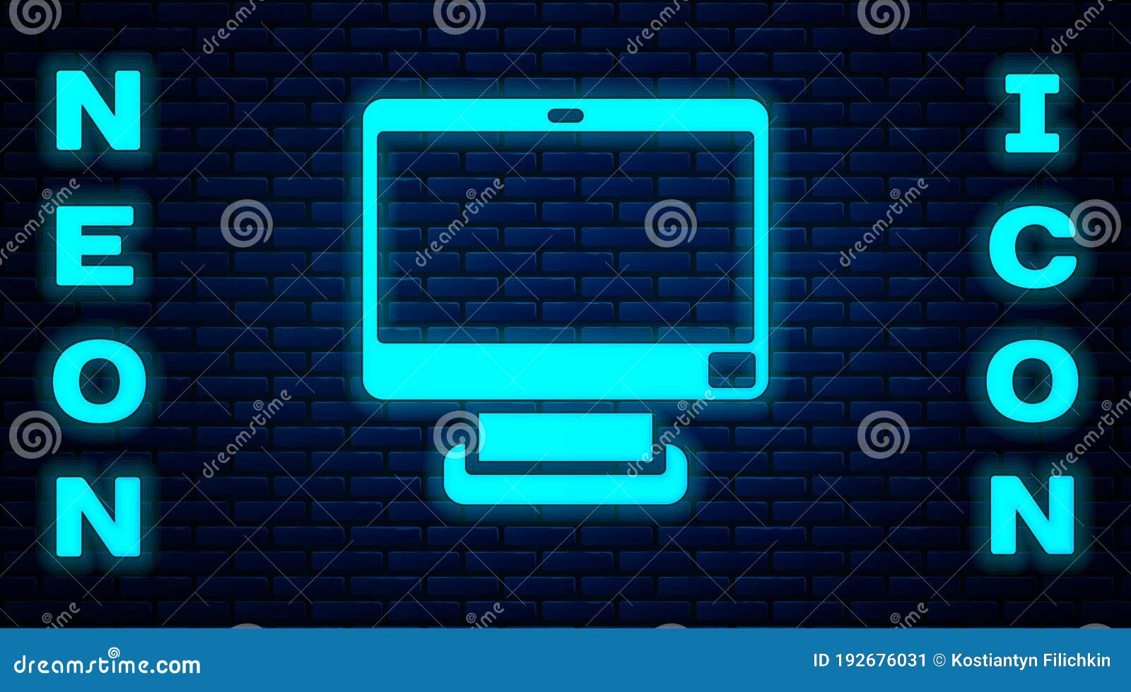 Glowing Neon Computer Monitor Screen Icon Isolated on Brick Wall ...