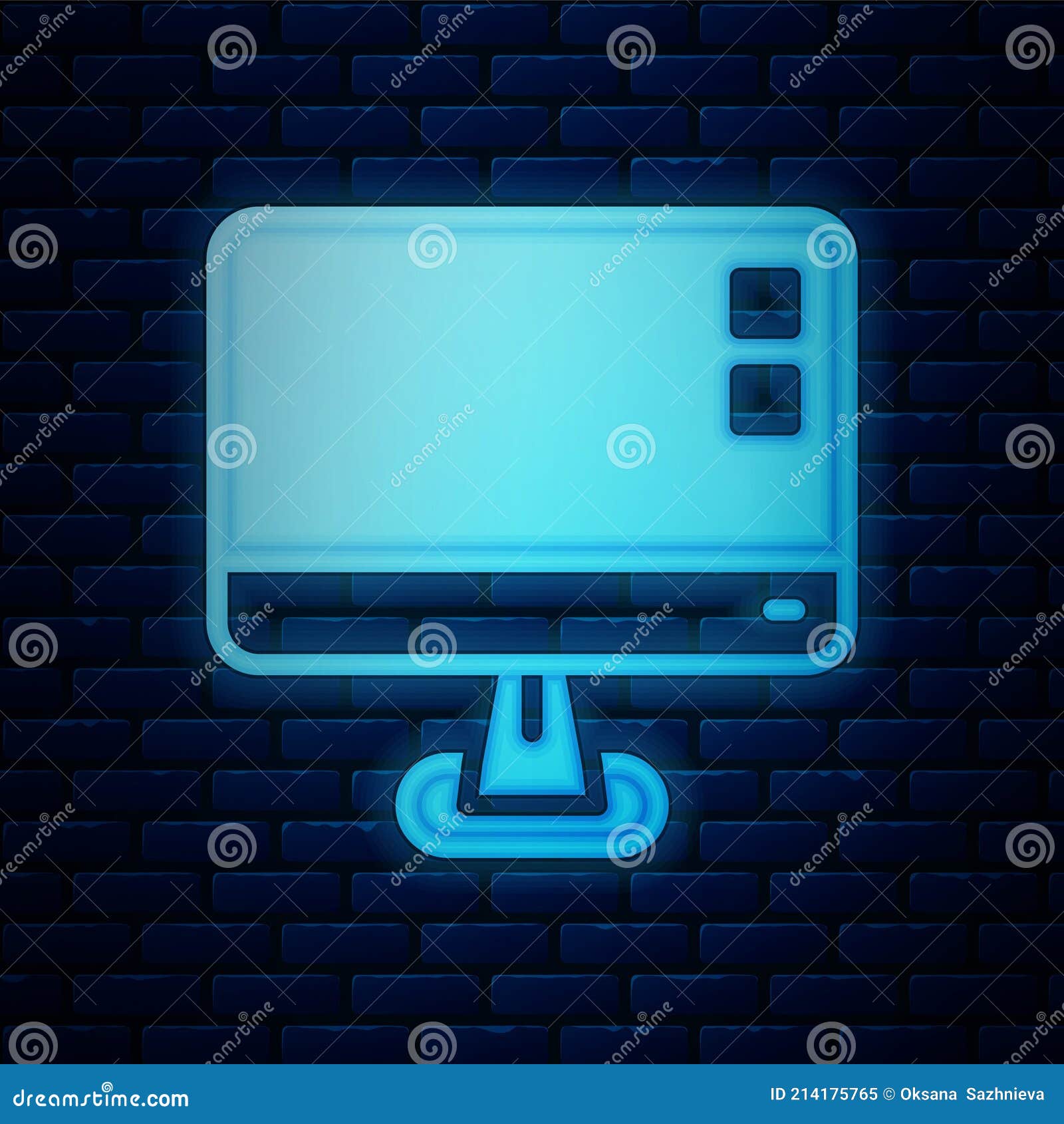 Glowing Neon Computer Monitor Screen Icon Isolated on Brick Wall ...
