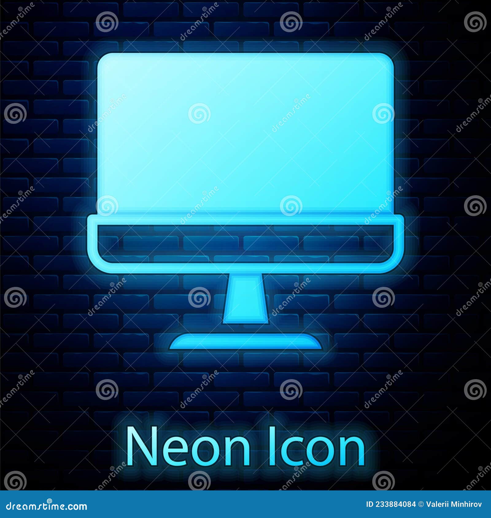 Glowing Neon Computer Monitor Screen Icon Isolated on Brick Wall ...