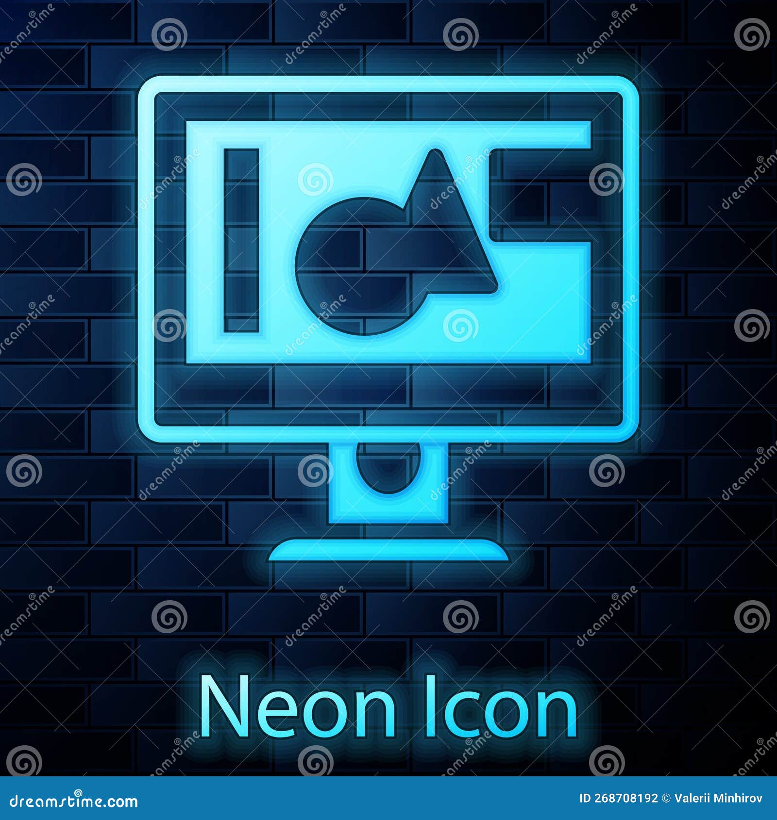 Glowing Neon Computer Monitor Screen Icon Isolated on Brick Wall ...