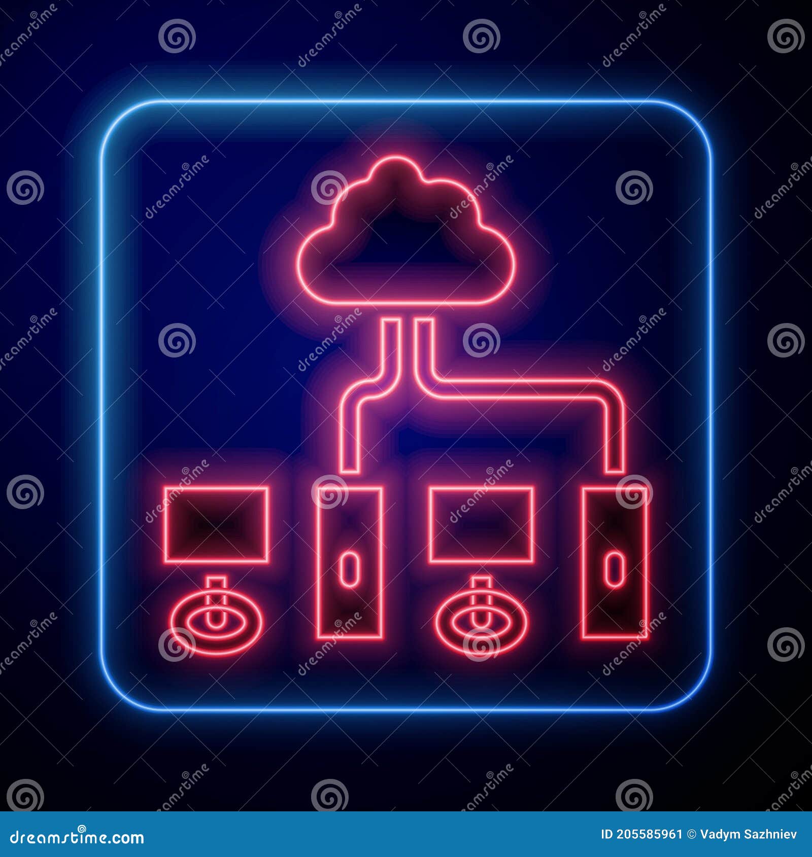 Glowing Neon Computer Network Icon Isolated on Blue Background. Laptop ...