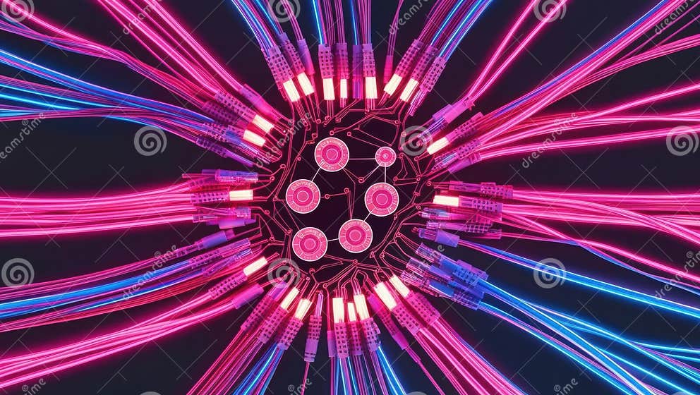 Glowing Neon Data Pathways Create Interconnected Network of Modern ...