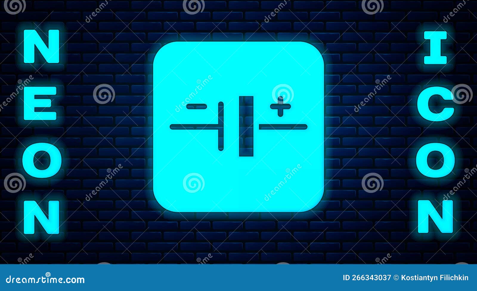 Glowing Neon DC Voltage Source Icon Isolated on Brick Wall Background ...