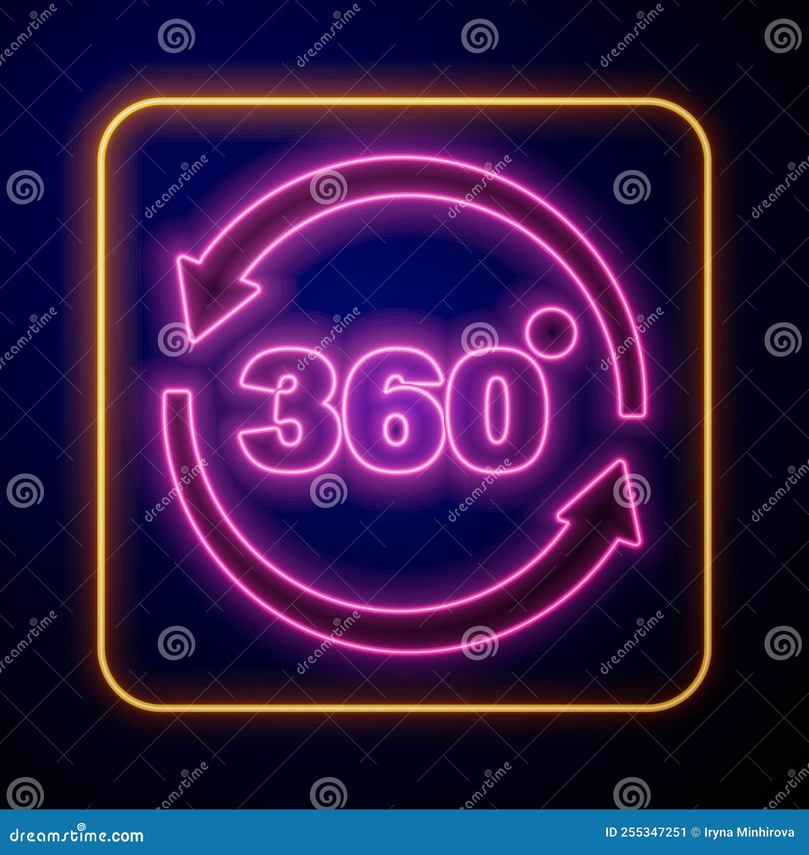Glowing Neon 360 Degree View Icon Isolated on Black Background. Virtual ...