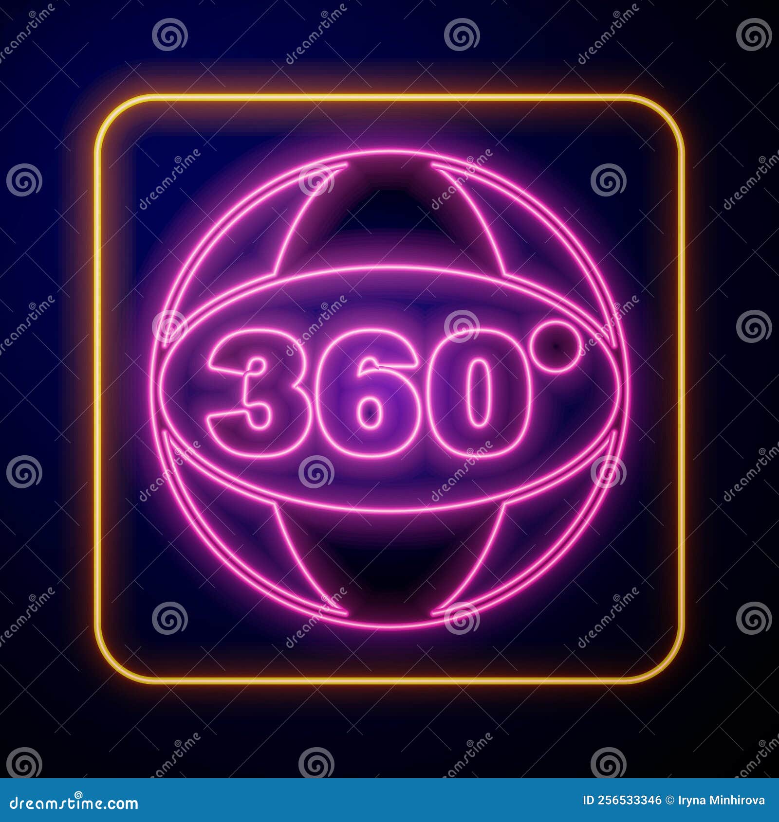Glowing Neon 360 Degree View Icon Isolated on Black Background. Virtual ...