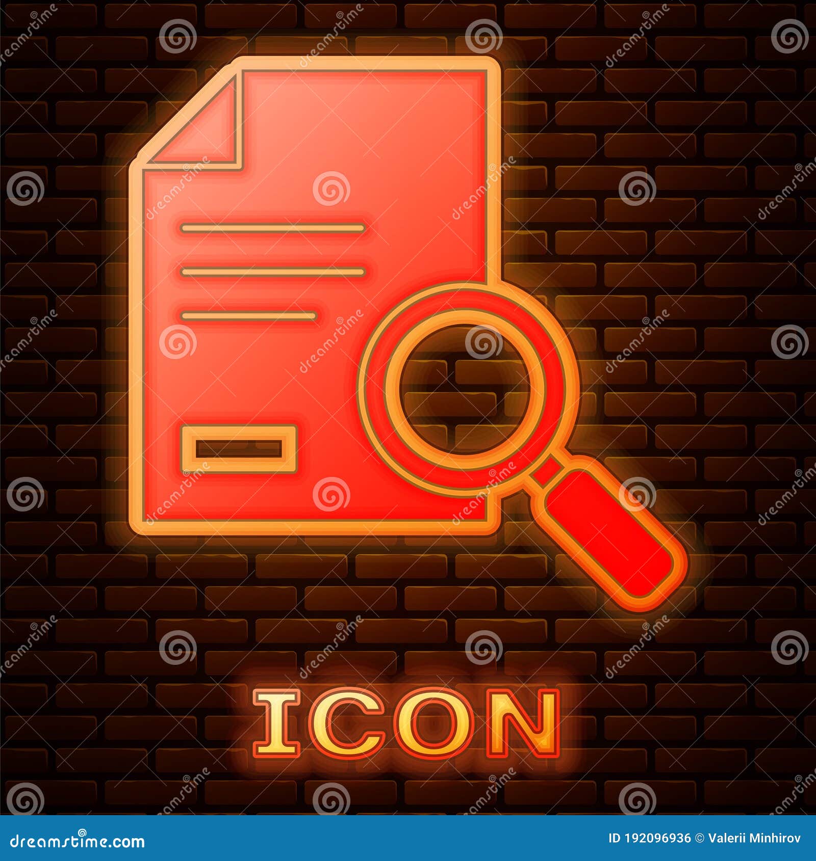 Glowing Neon Document with Search Icon Isolated on Brick Wall ...