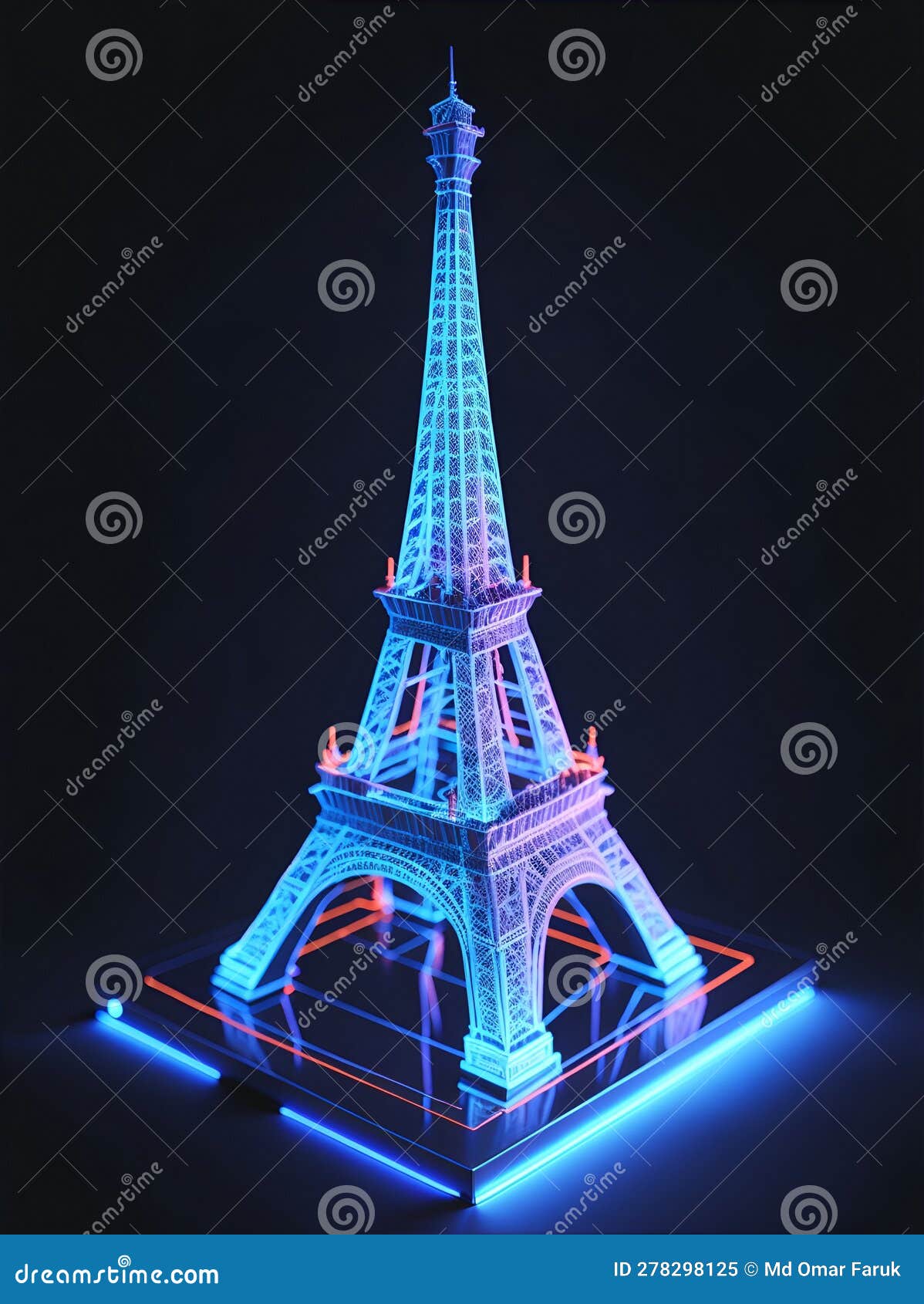 Glowing Neon of Eiffel Tower on a Digital Model. Stock Illustration ...