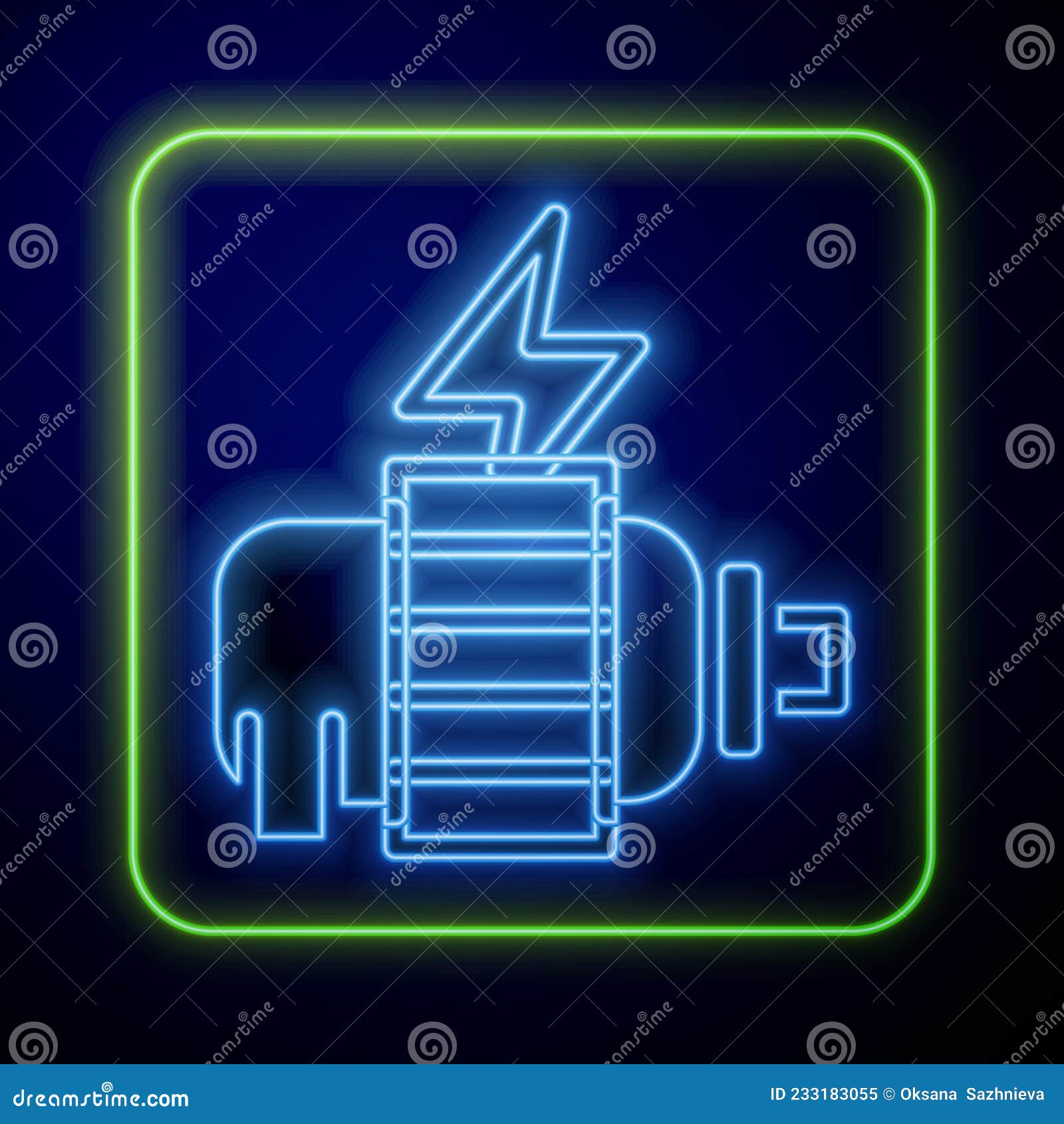 Glowing Neon Electric Motor Icon Isolated on Blue Background. Vector ...