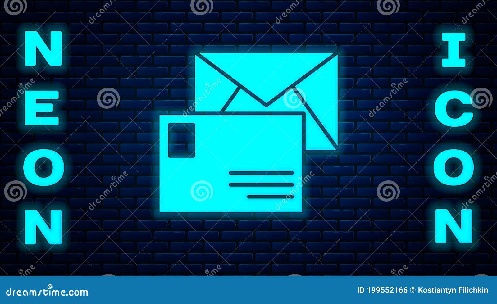 Glowing Neon Envelope Icon Isolated on Brick Wall Background. Email ...