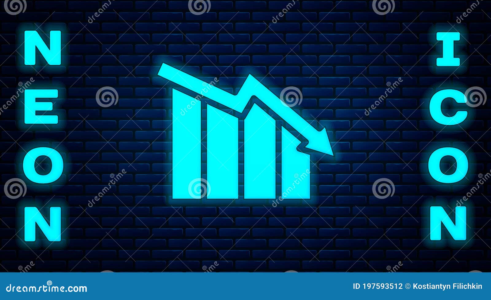 Glowing Neon Financial Growth Decrease Icon Isolated on Brick Wall Background. Increasing ...