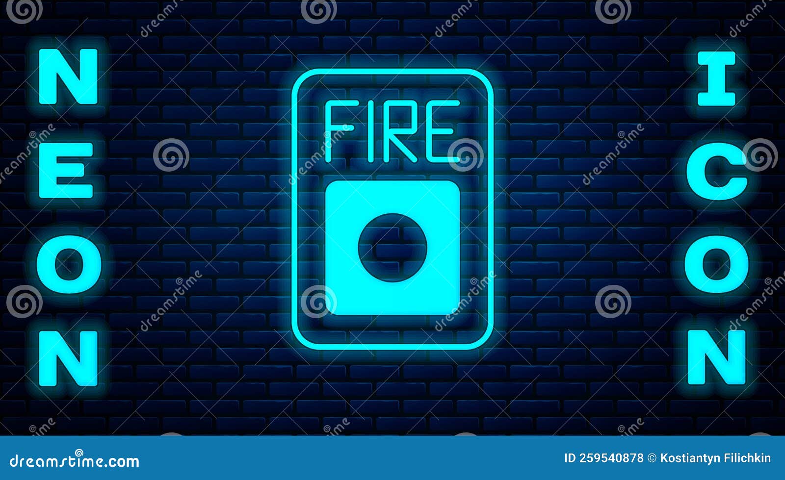 Glowing Neon Fire Alarm System Icon Isolated on Brick Wall Background ...